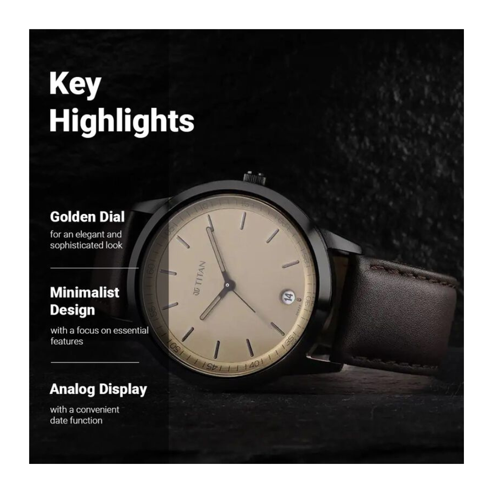 Titan Workwear Watch with Golden Dial & Leather Strap NP1806NL02