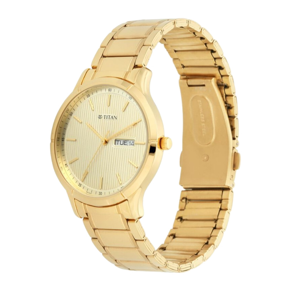 Titan Lagan Yellow Dial Analog with Day and Date Metal Strap Watch for ...